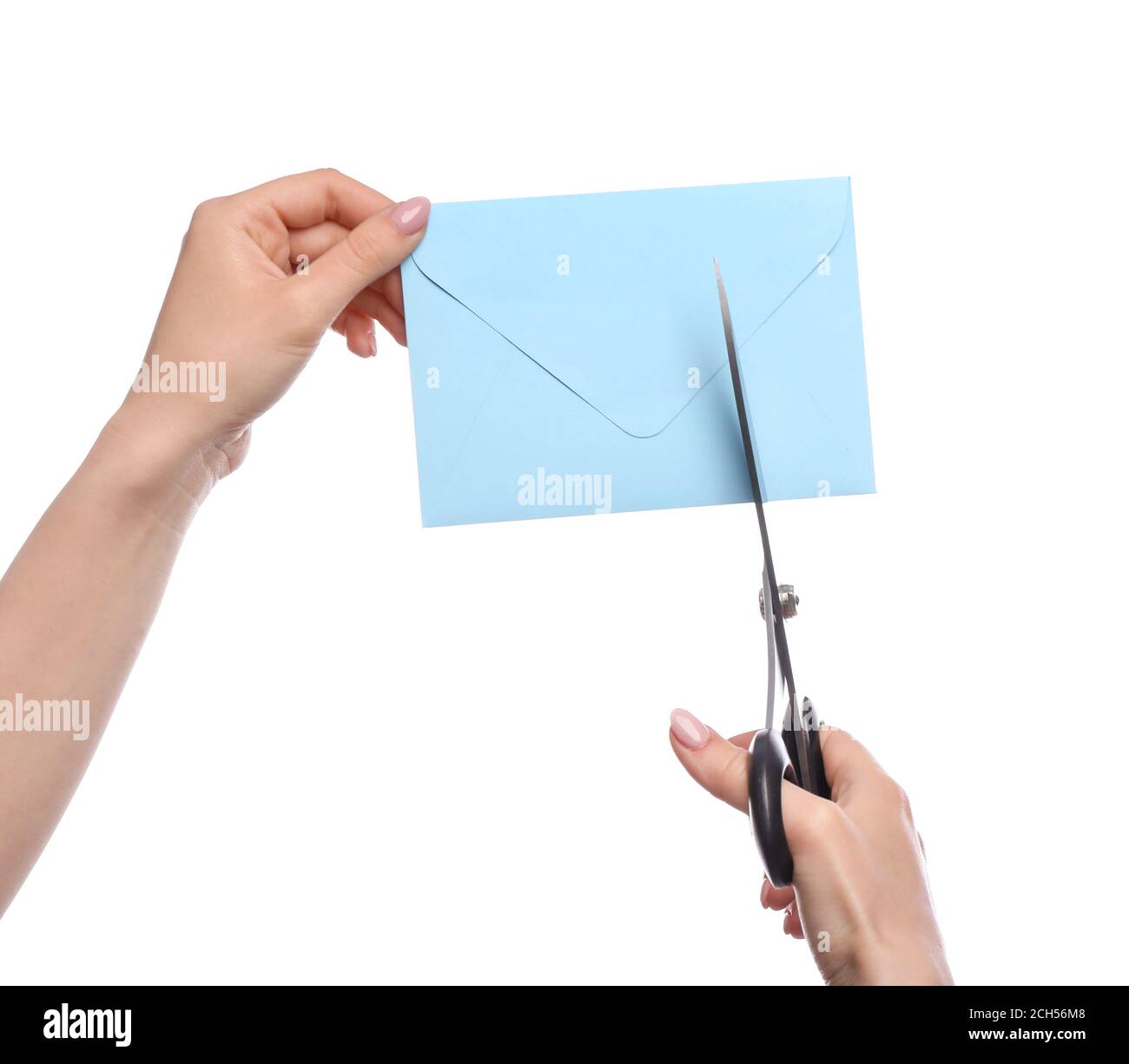 Woman cutting envelope on white background Stock Photo - Alamy