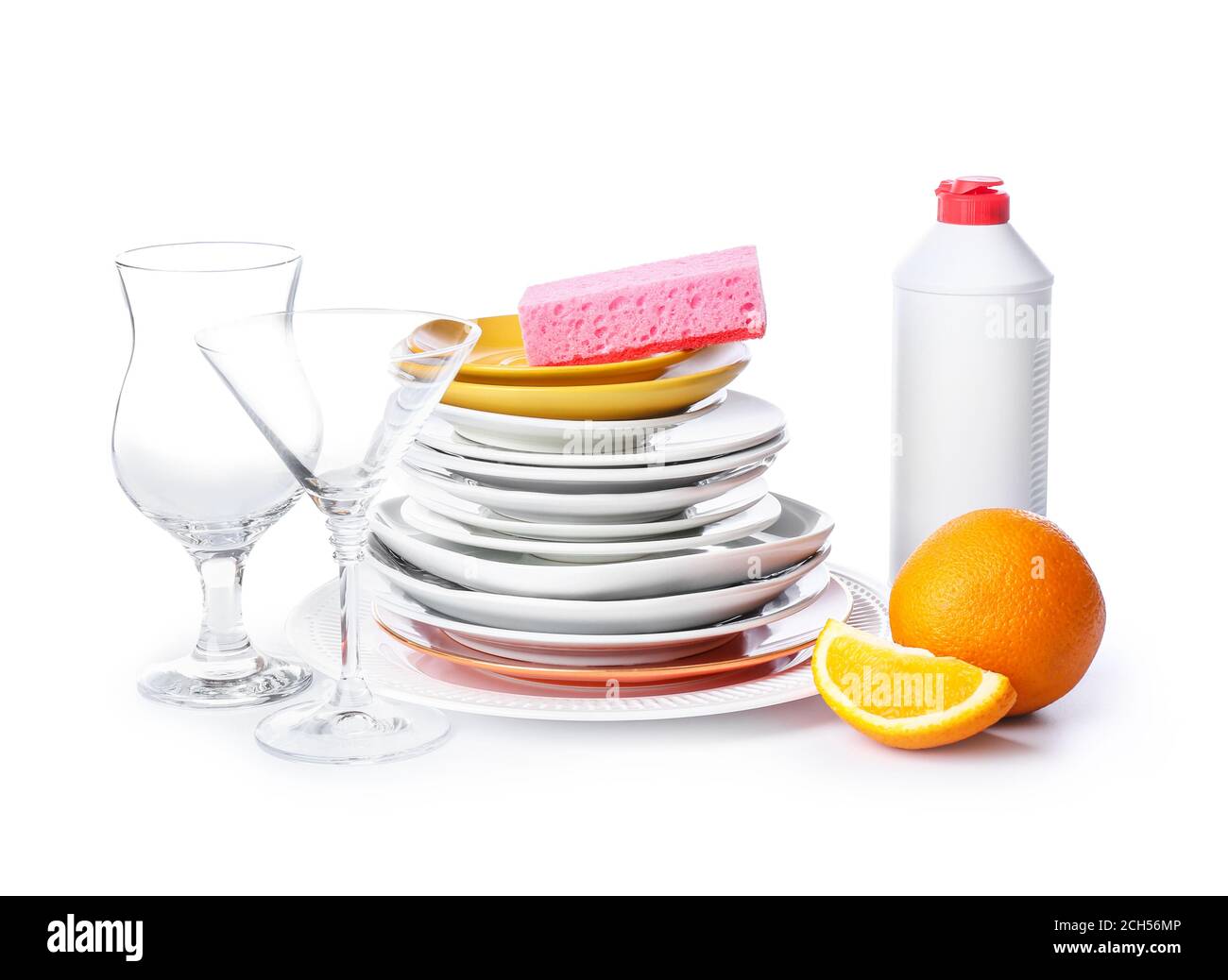 Clean tableware with sponge and detergent on white background Stock ...