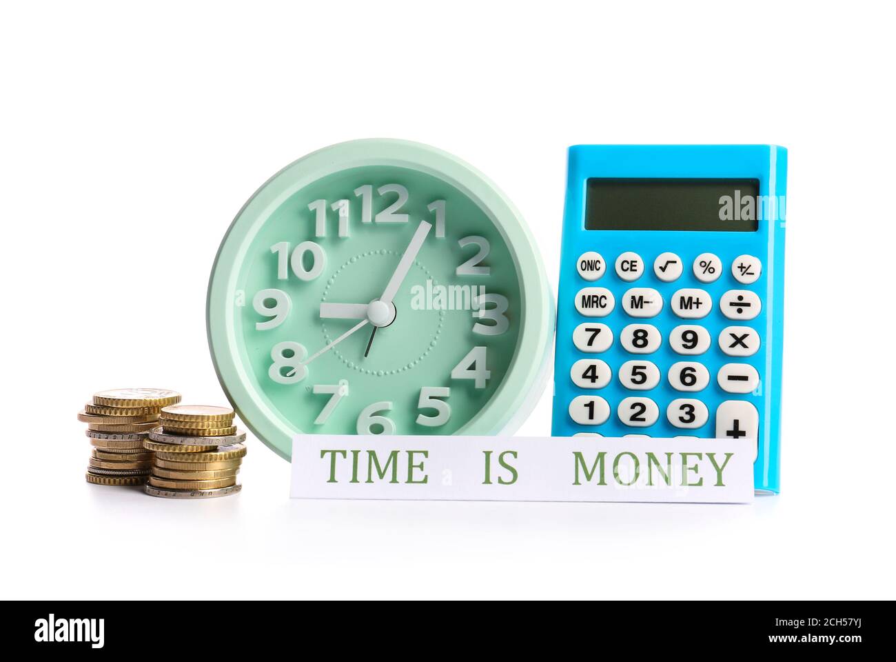 Alarm clock with calculator and money on white background Stock Photo ...