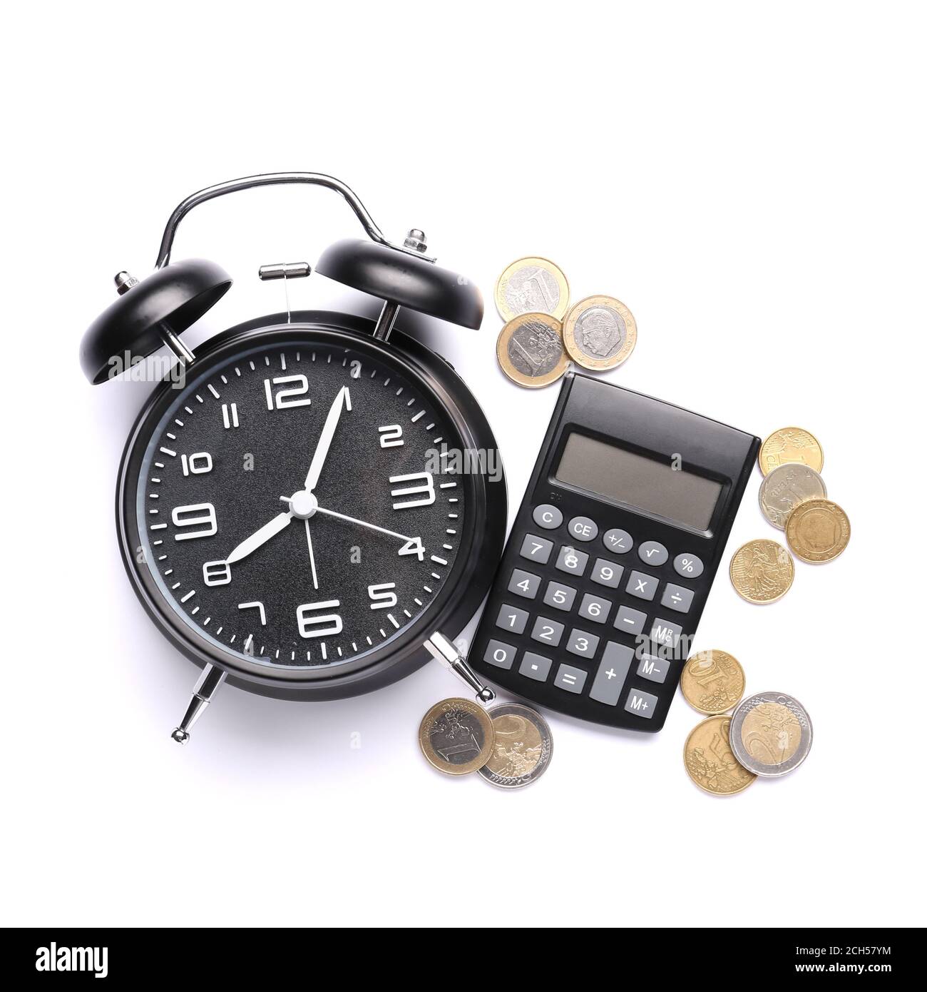 Alarm clock with calculator and money on white background Stock Photo ...