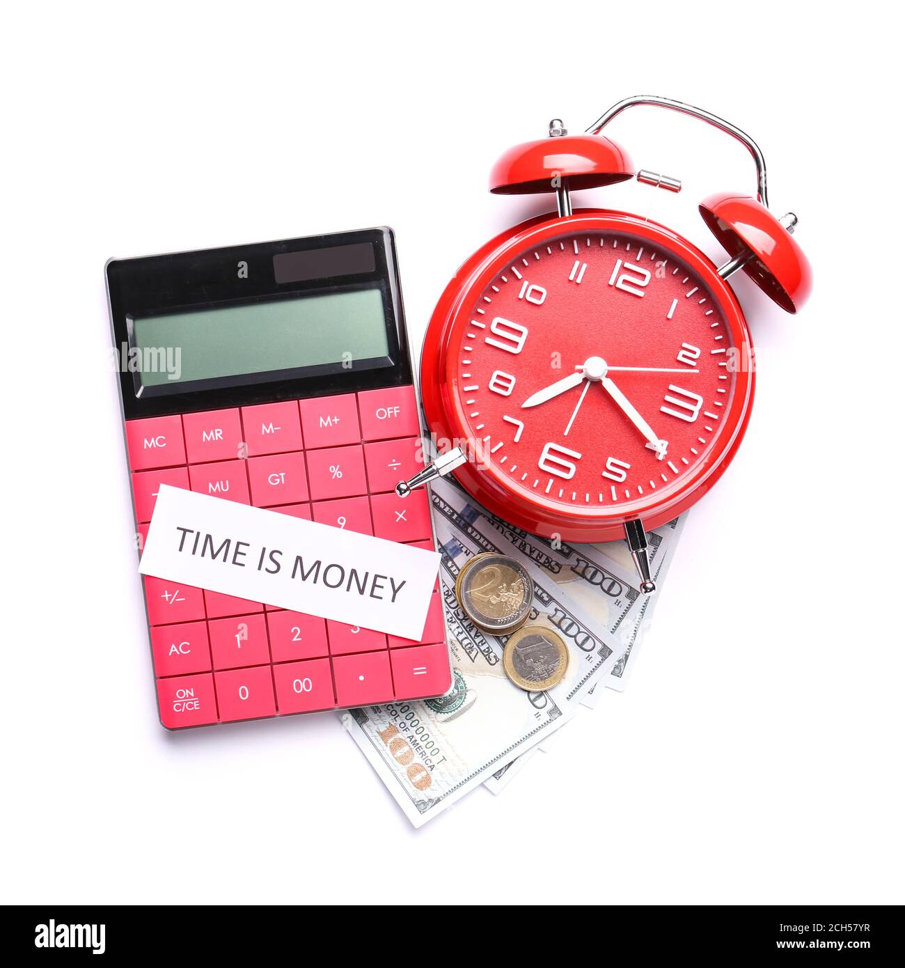 Alarm clock with calculator and money on white background Stock Photo ...