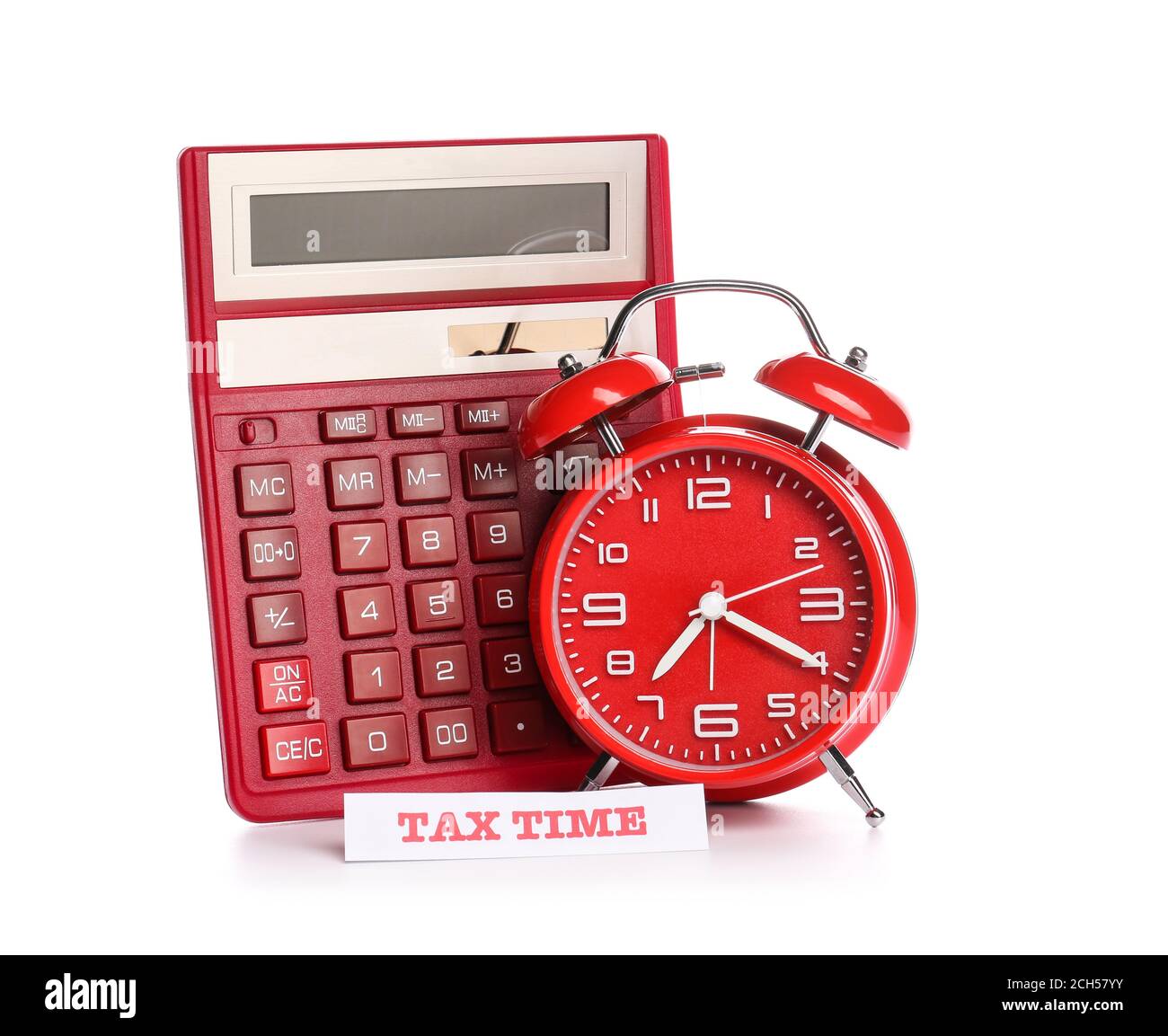 Alarm clock with calculator on white background. Concept of tax ...