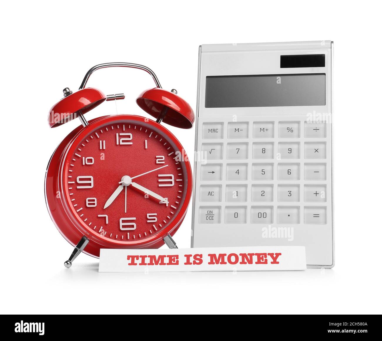 Alarm clock with calculator on white background Stock Photo - Alamy
