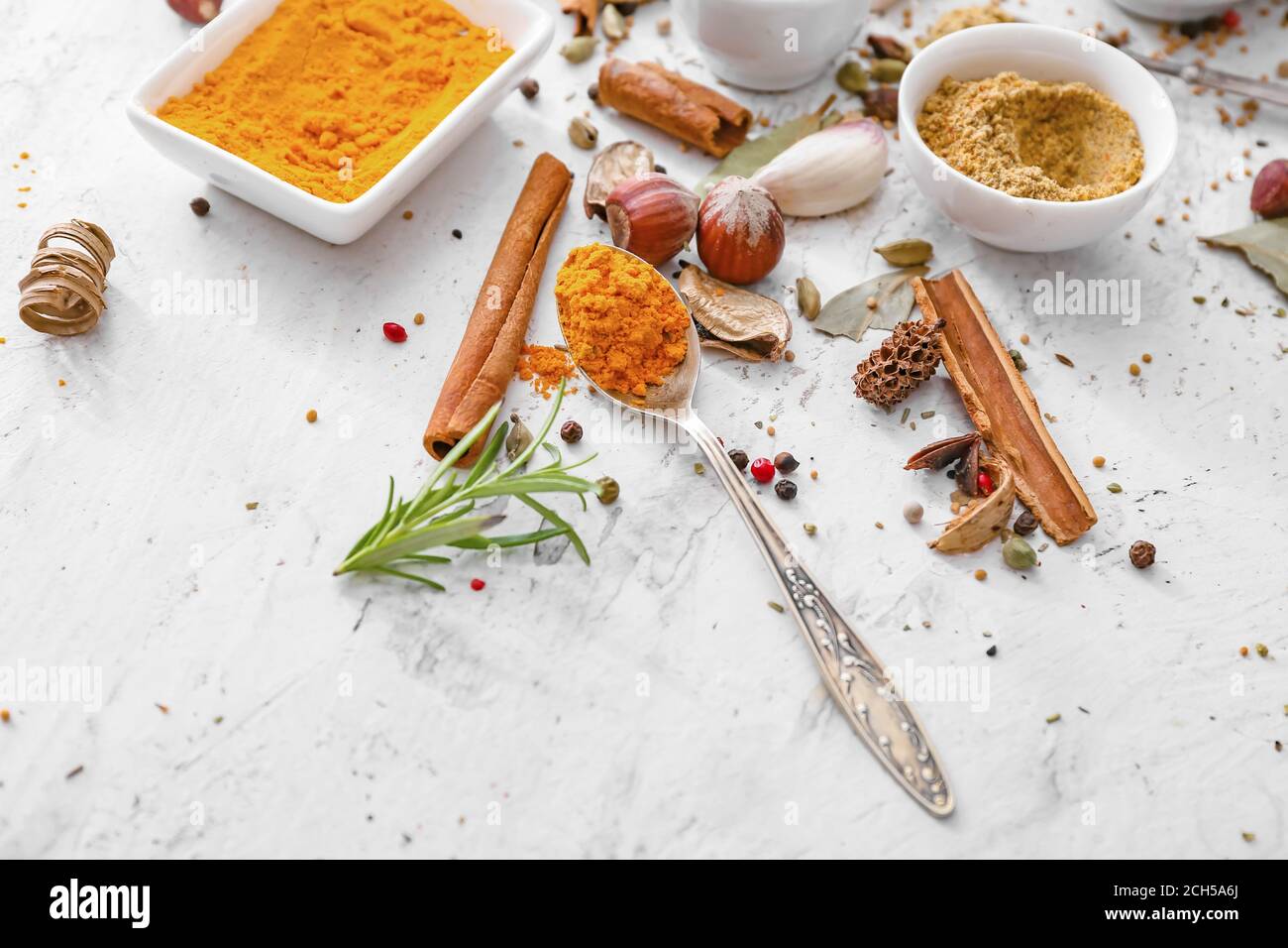 Different aromatic spices on white background Stock Photo - Alamy
