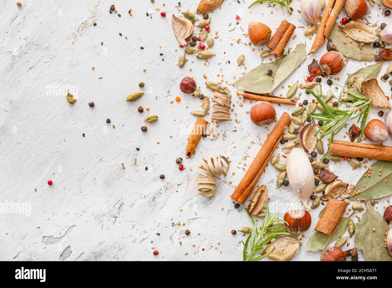 Different aromatic spices and herbs on white background Stock Photo - Alamy