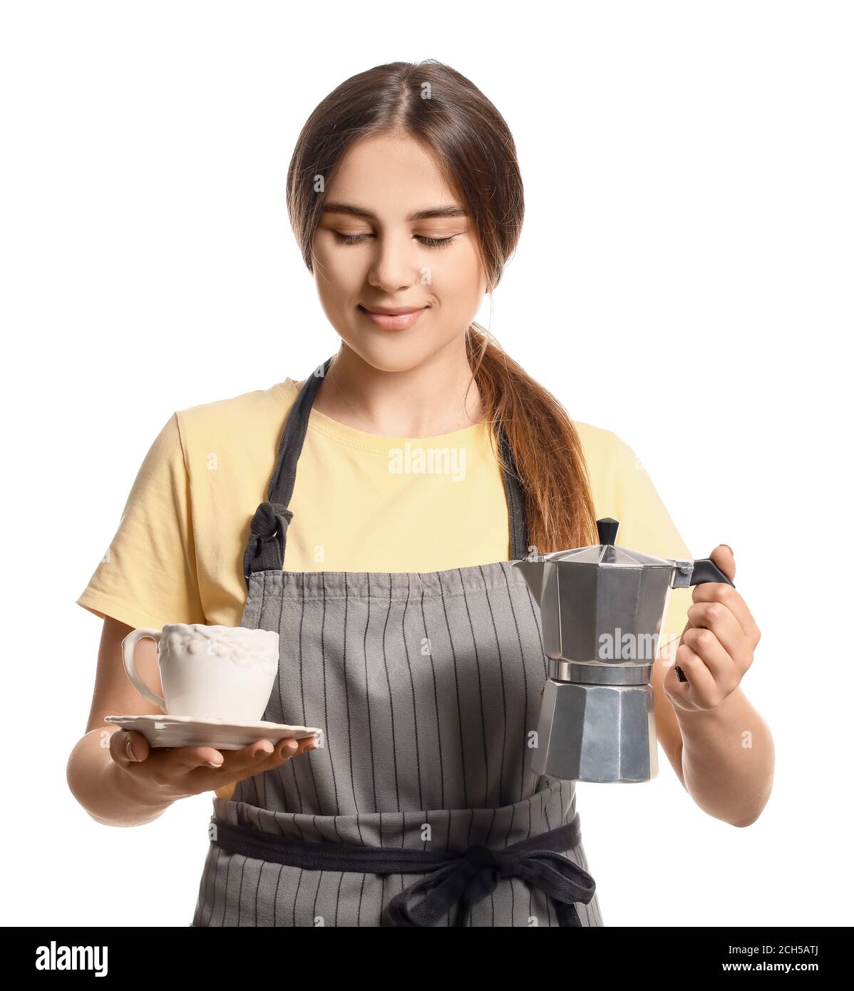 Female barista on white background Stock Photo - Alamy