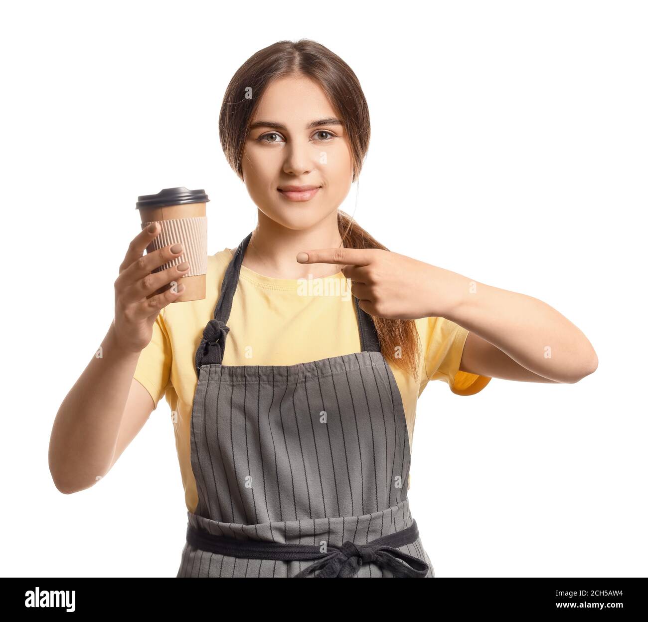 Female barista on white background Stock Photo - Alamy