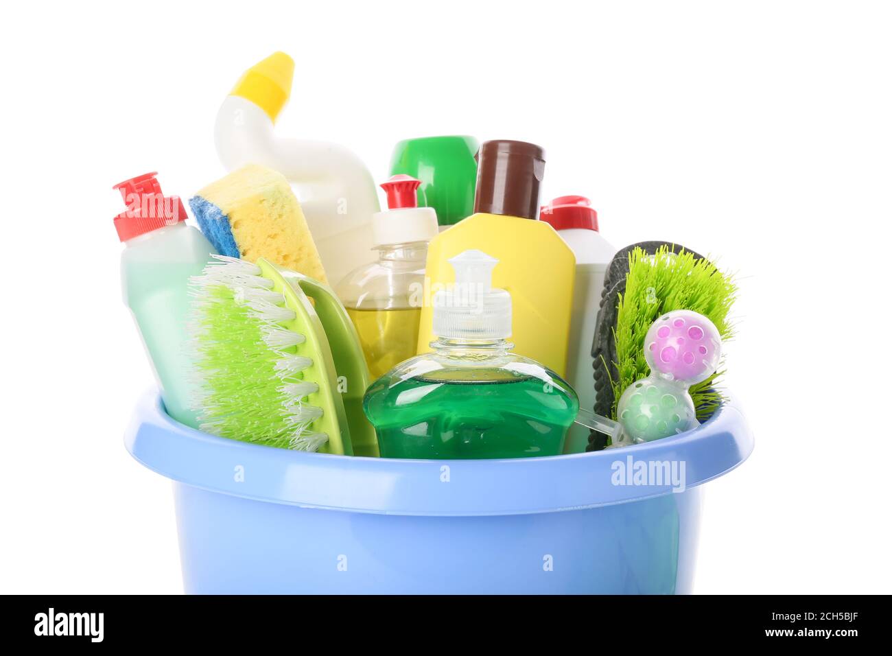 Set of cleaning supplies on white background Stock Photo - Alamy