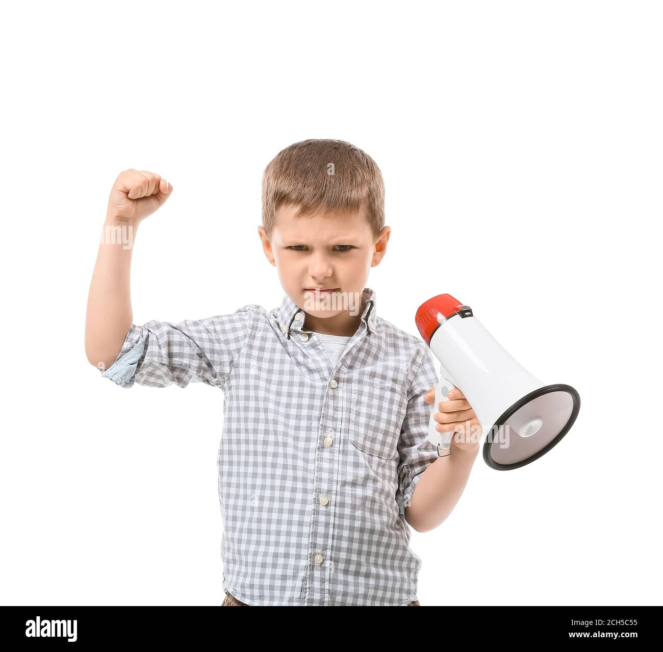 Aggressive little boy with megaphone on white background Stock Photo ...
