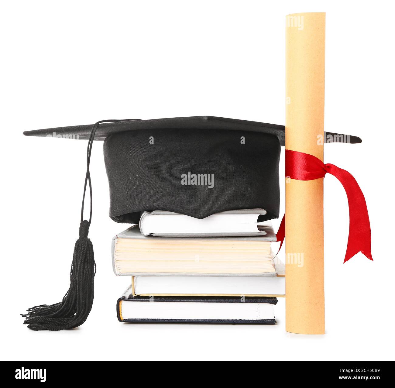 Graduation hat, books and diploma on white background Stock Photo - Alamy