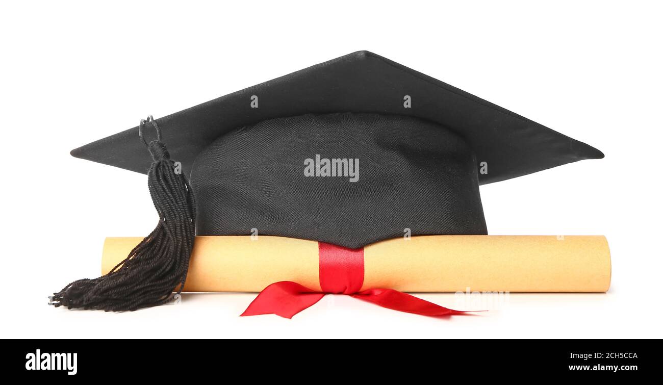 Graduation hat and diploma on white background Stock Photo - Alamy