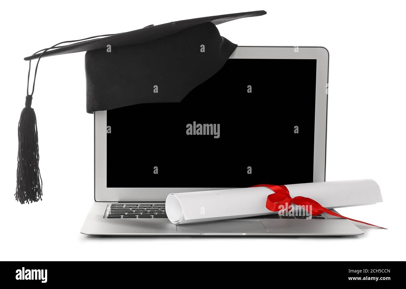 Graduation hat, laptop and diploma on white background Stock Photo - Alamy