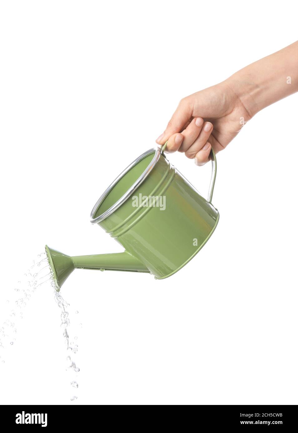 Hand with watering can on white background Stock Photo - Alamy