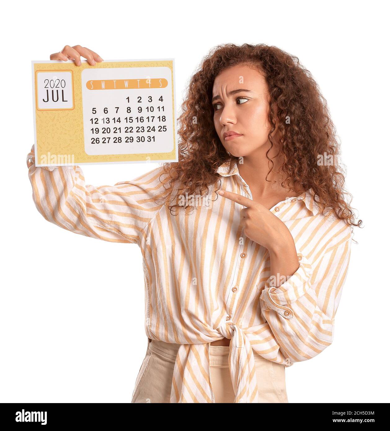 Sad woman with calendar on white background. Vacation concept Stock ...