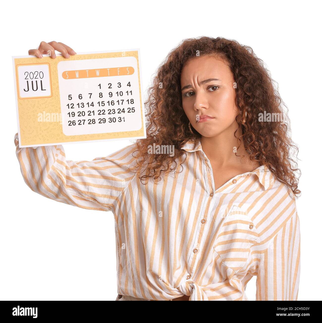 Sad woman with calendar on white background. Vacation concept Stock ...