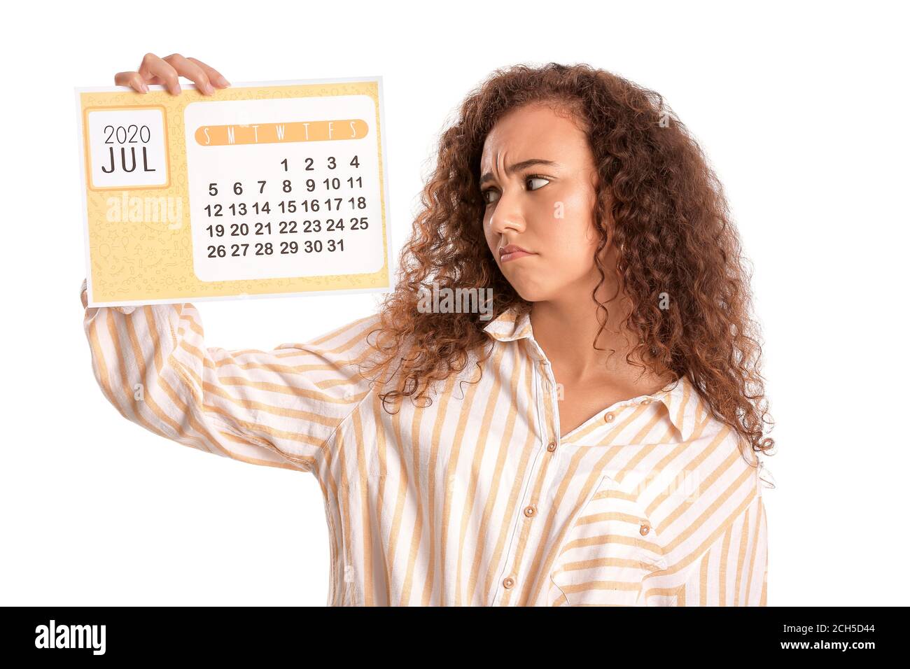 Sad woman with calendar on white background. Vacation concept Stock ...