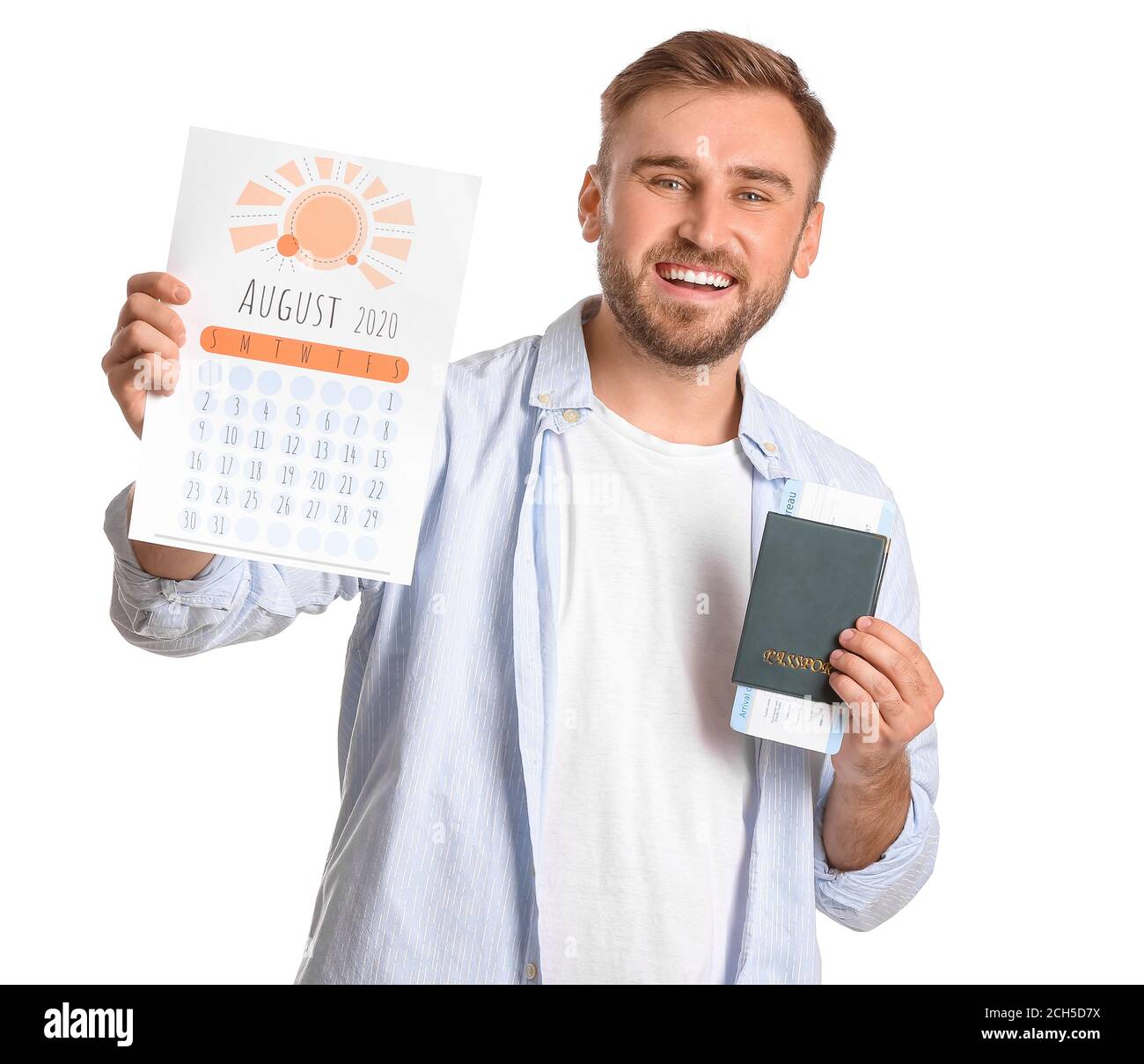 Happy man with calendar, passport and ticket on white background ...