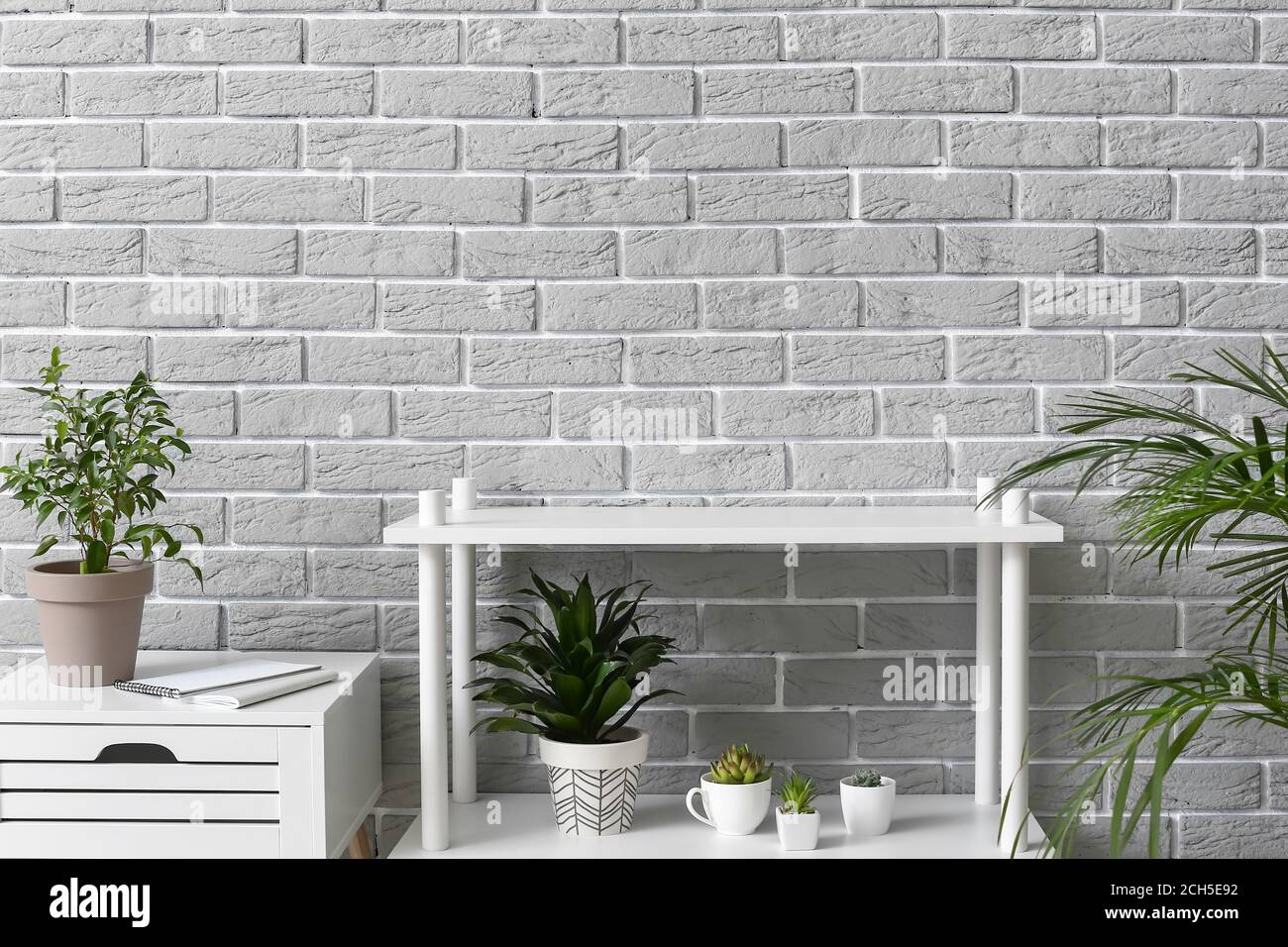 Rack with houseplants near grey brick wall in room Stock Photo - Alamy
