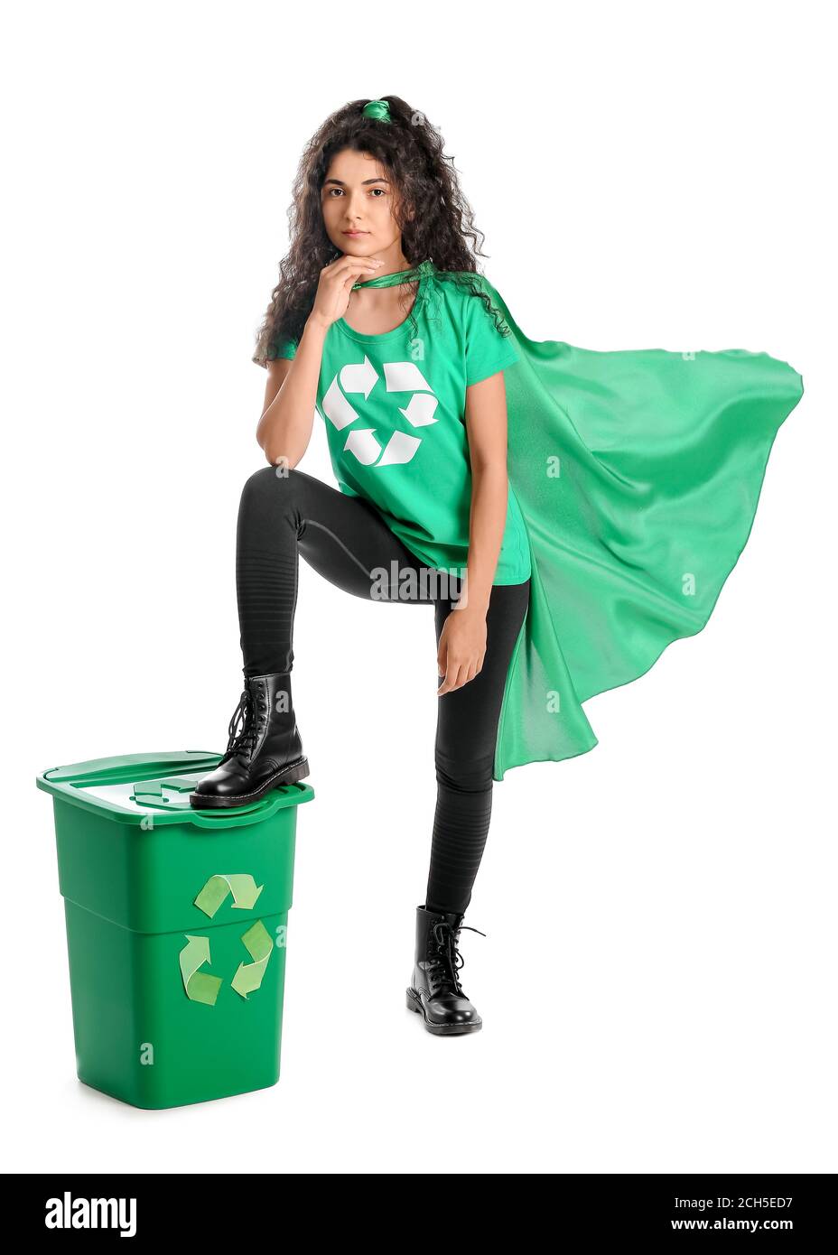 Woman dressed as eco superhero with trash bin on white background Stock ...
