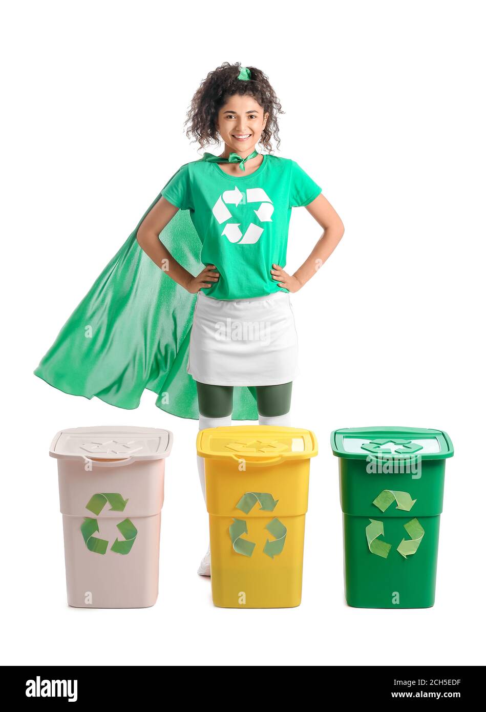 Woman dressed as eco superhero with garbage bins on white background ...