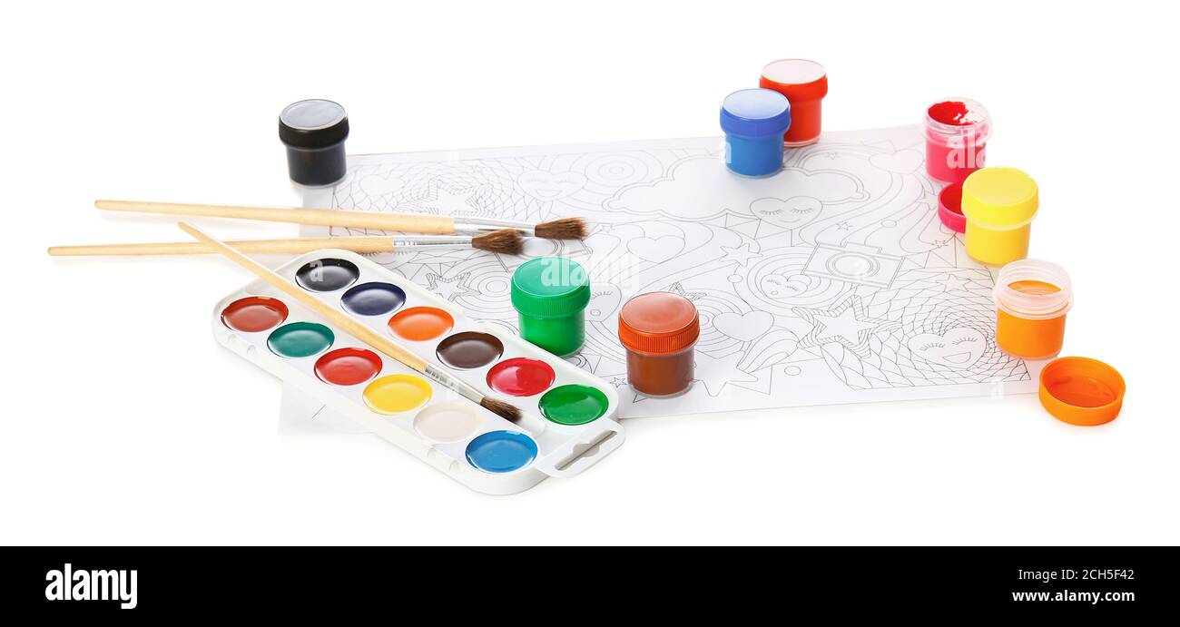 Coloring picture and paints on white background Stock Photo - Alamy