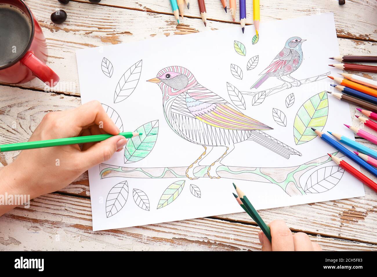 Woman coloring picture at table Stock Photo - Alamy