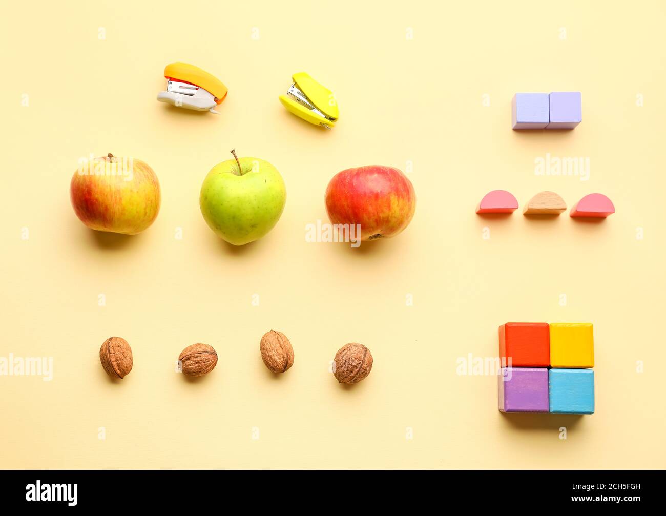 Food and wooden figures on color background. Maths concept Stock Photo ...