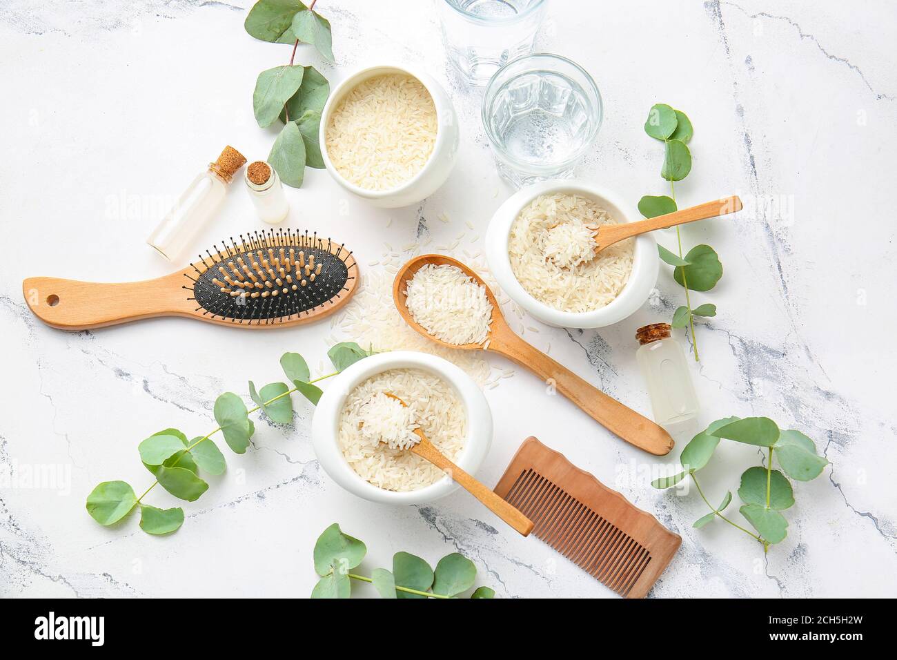 Composition with healthy rice water on white background Stock Photo - Alamy
