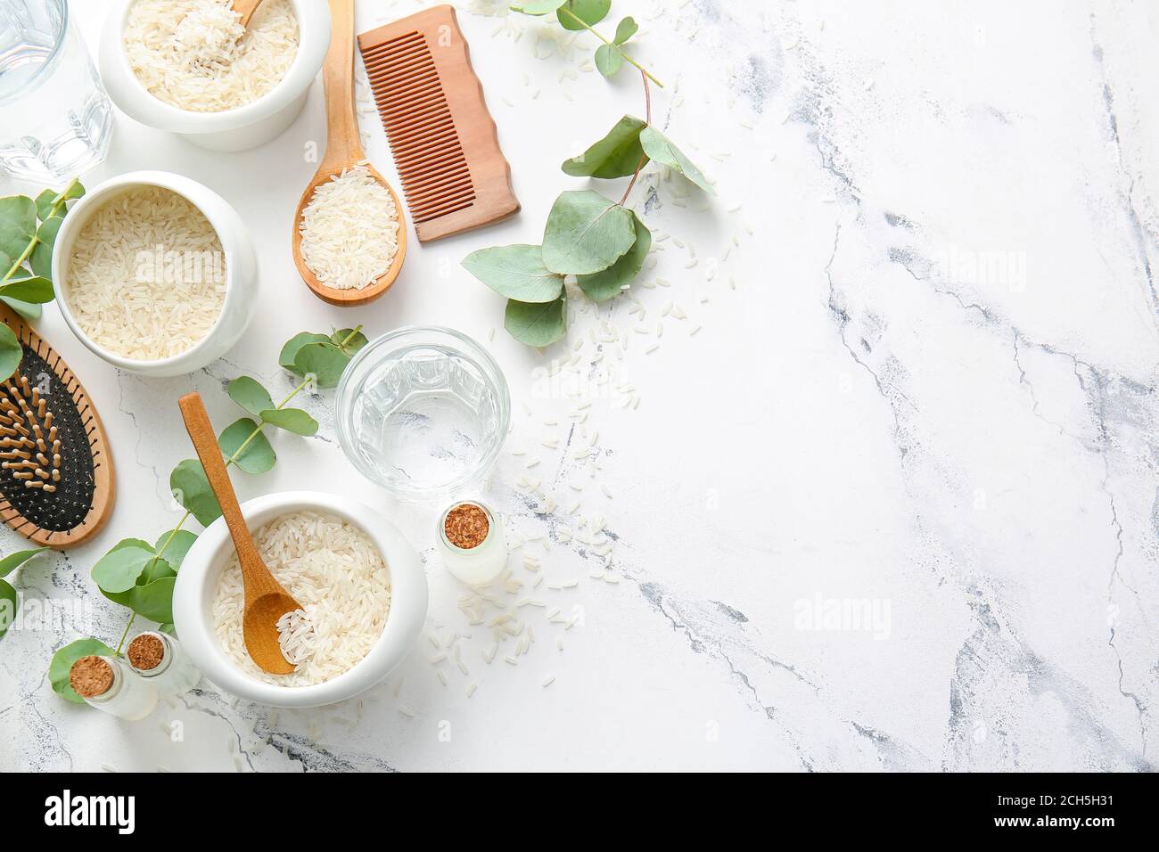 Composition with healthy rice water on white background Stock Photo - Alamy
