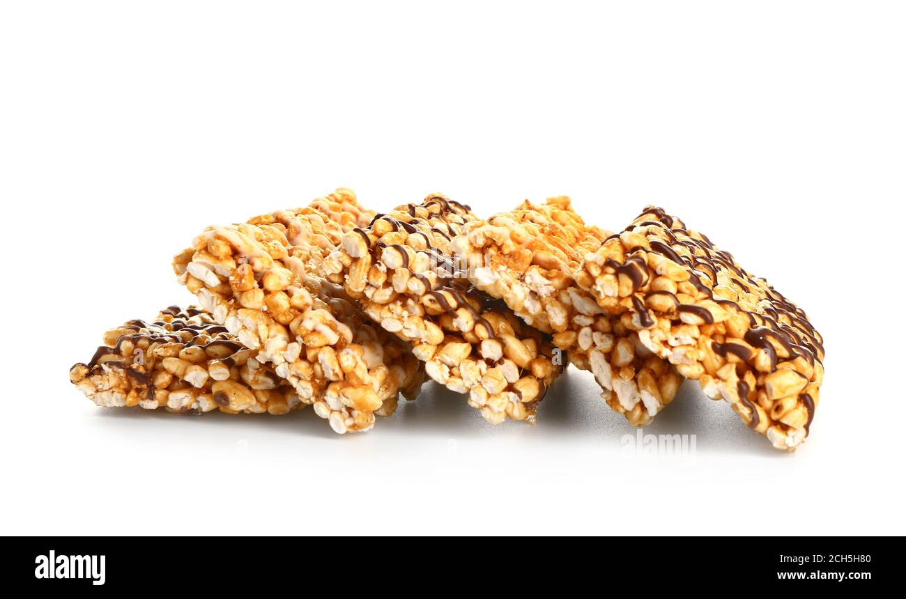 Crispy rice bars on white background Stock Photo - Alamy