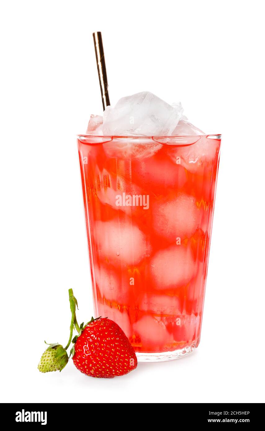 Glass of fresh strawberry lemonade on white background Stock Photo - Alamy