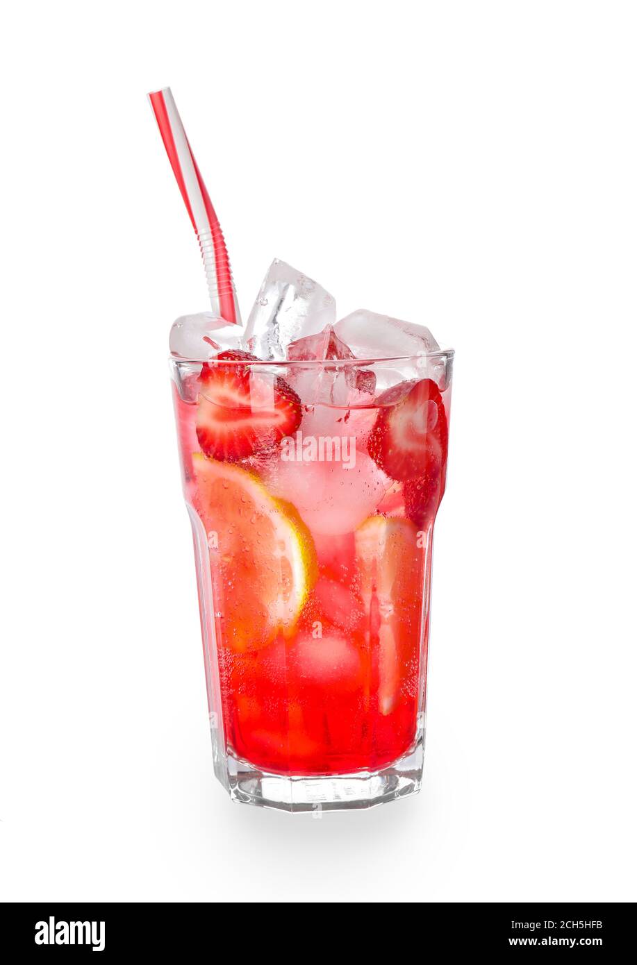 Glass of fresh strawberry lemonade on white background Stock Photo - Alamy