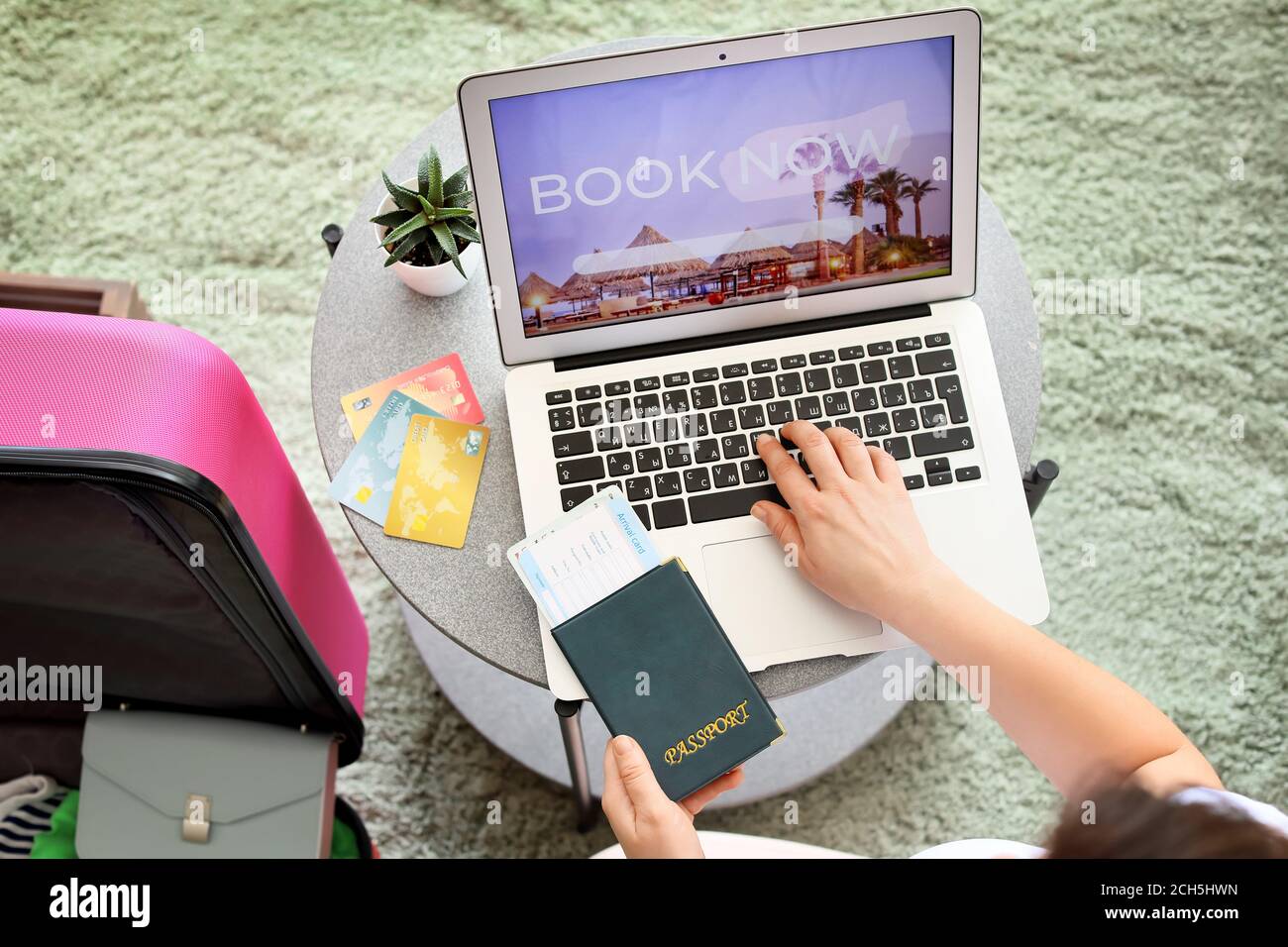 Laptop top view people passport hi-res stock photography and images - Alamy