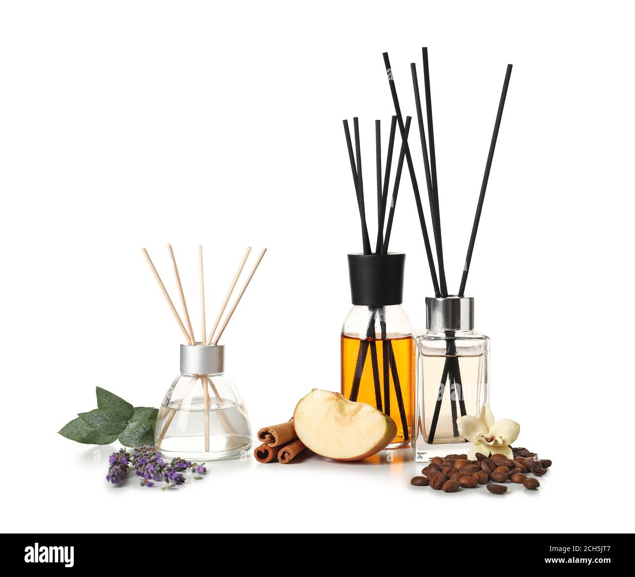 Different reed diffusers on white background Stock Photo - Alamy