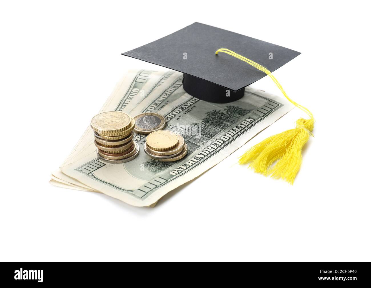 Graduation hat and money on white background. Tuition fees concept ...