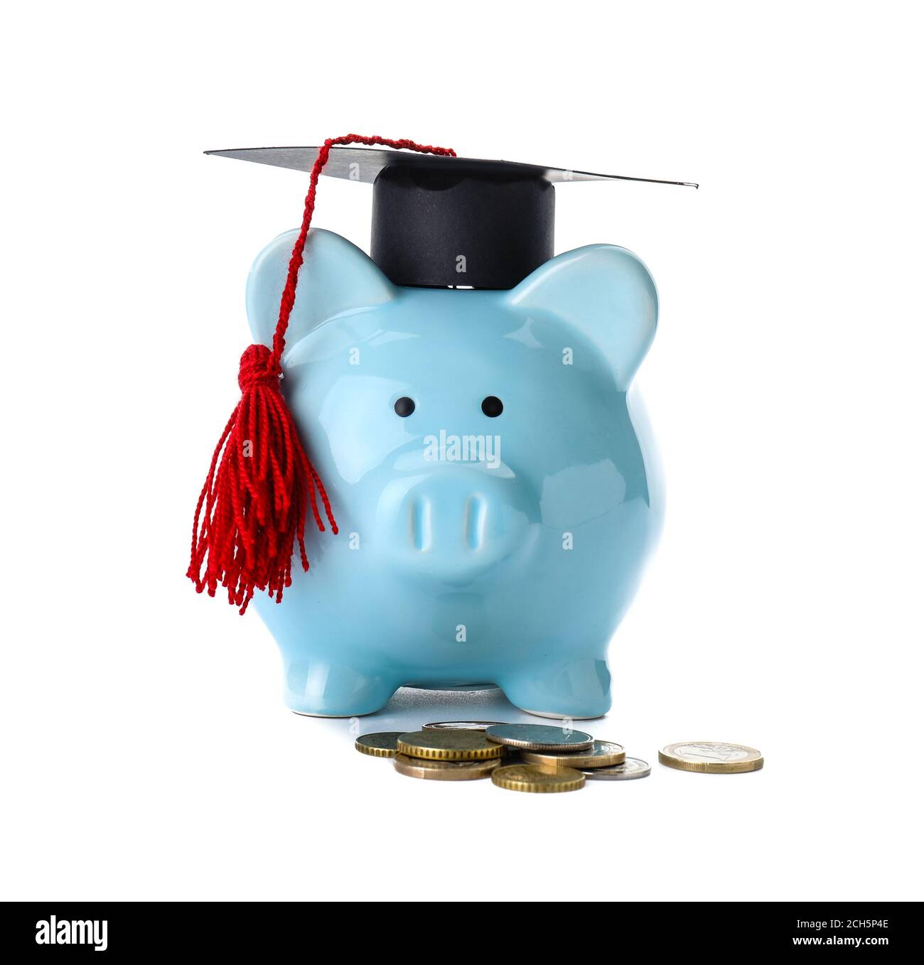 Graduation hat, piggy bank and money on white background. Tuition fees ...