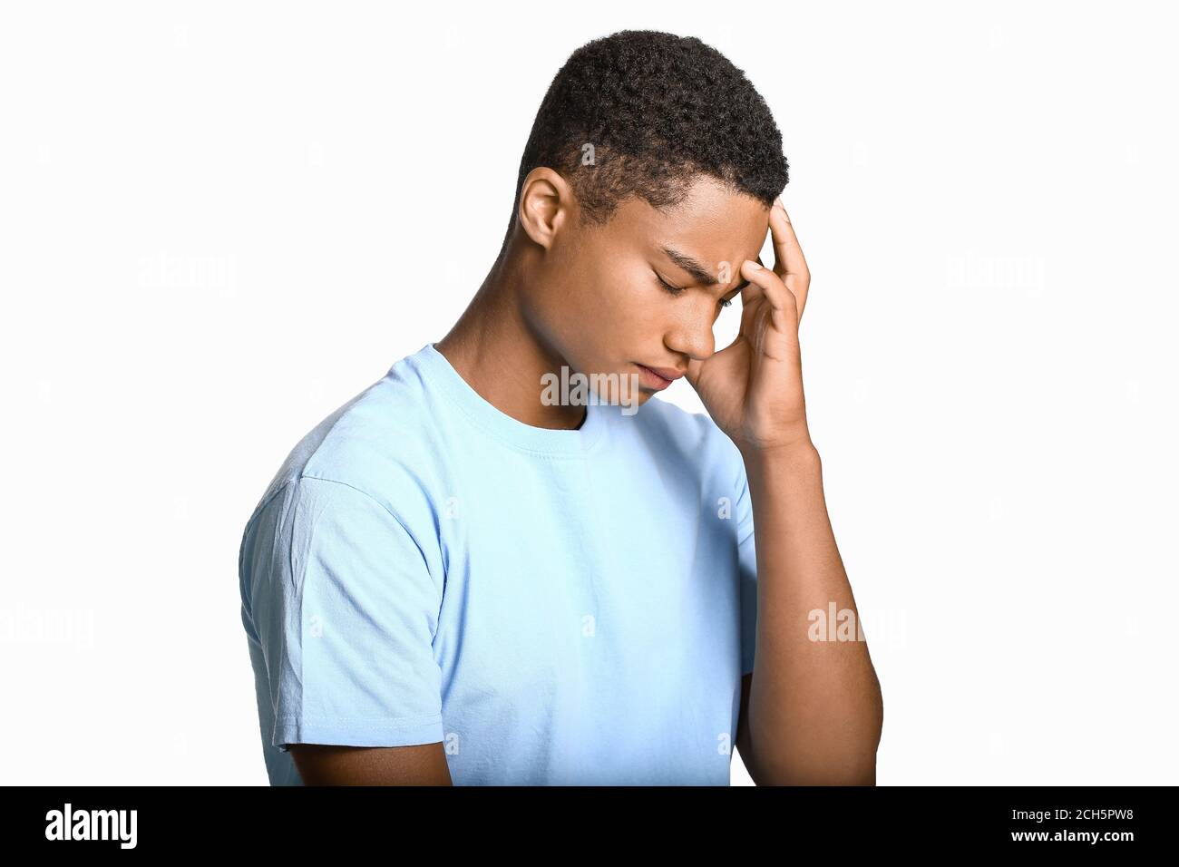 Sad African-American teenage boy on light background. Stop racism Stock ...