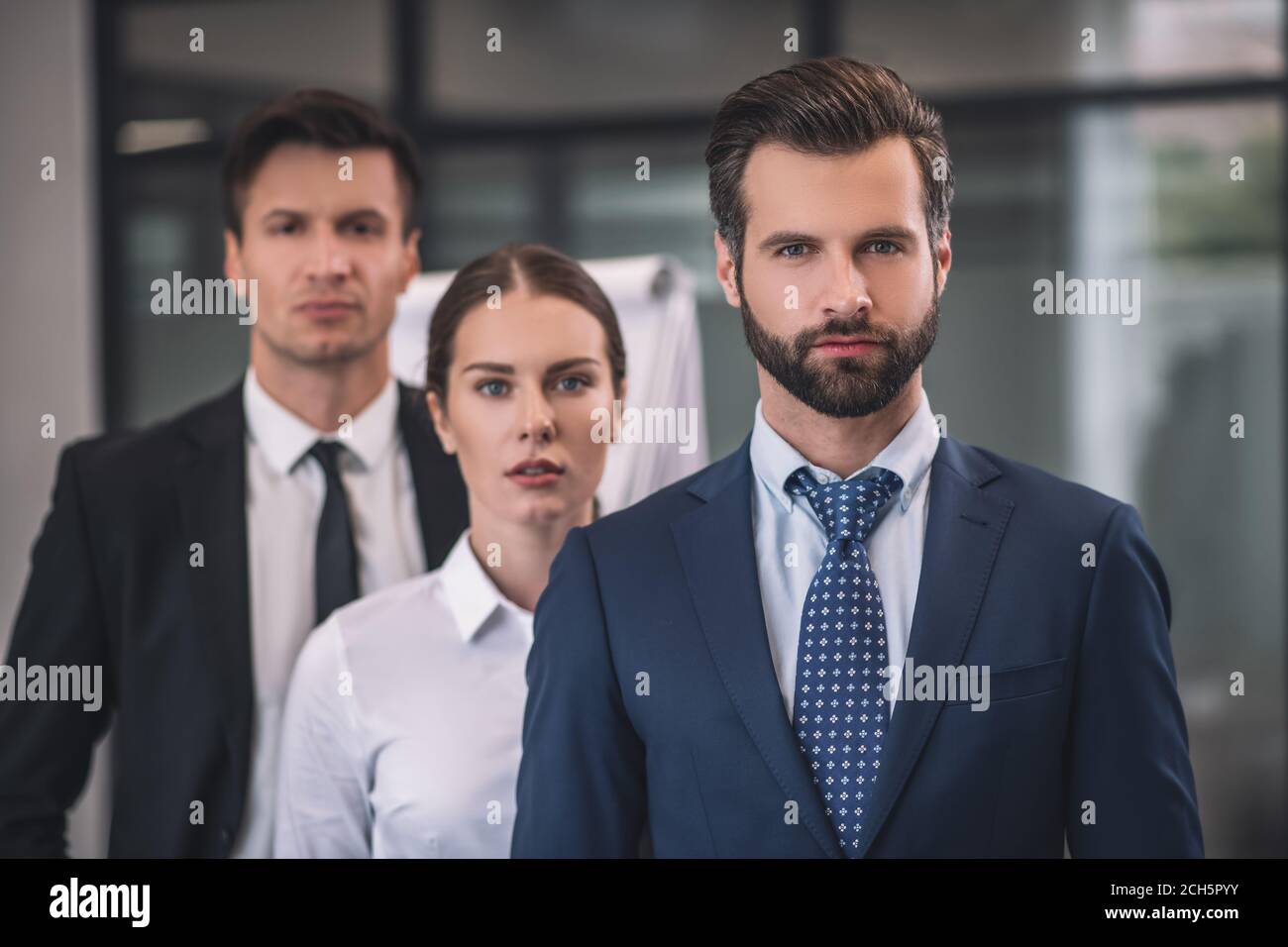 Serious brown-haired female standing between two male colleagues Stock ...