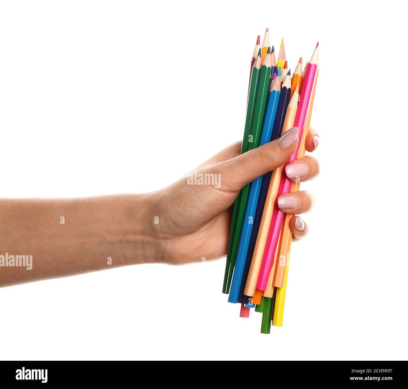 Hand with colorful pencils on white background Stock Photo - Alamy