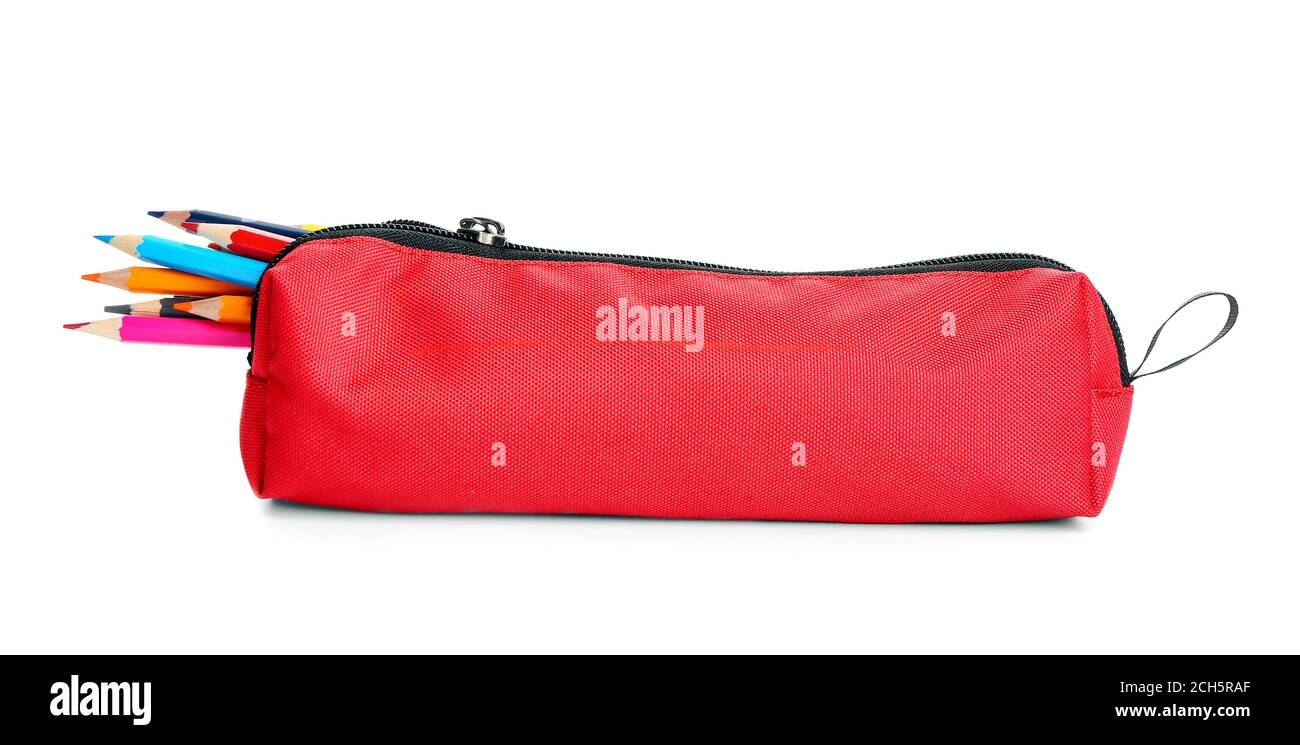 Case with set of colorful pencils on white background Stock Photo - Alamy