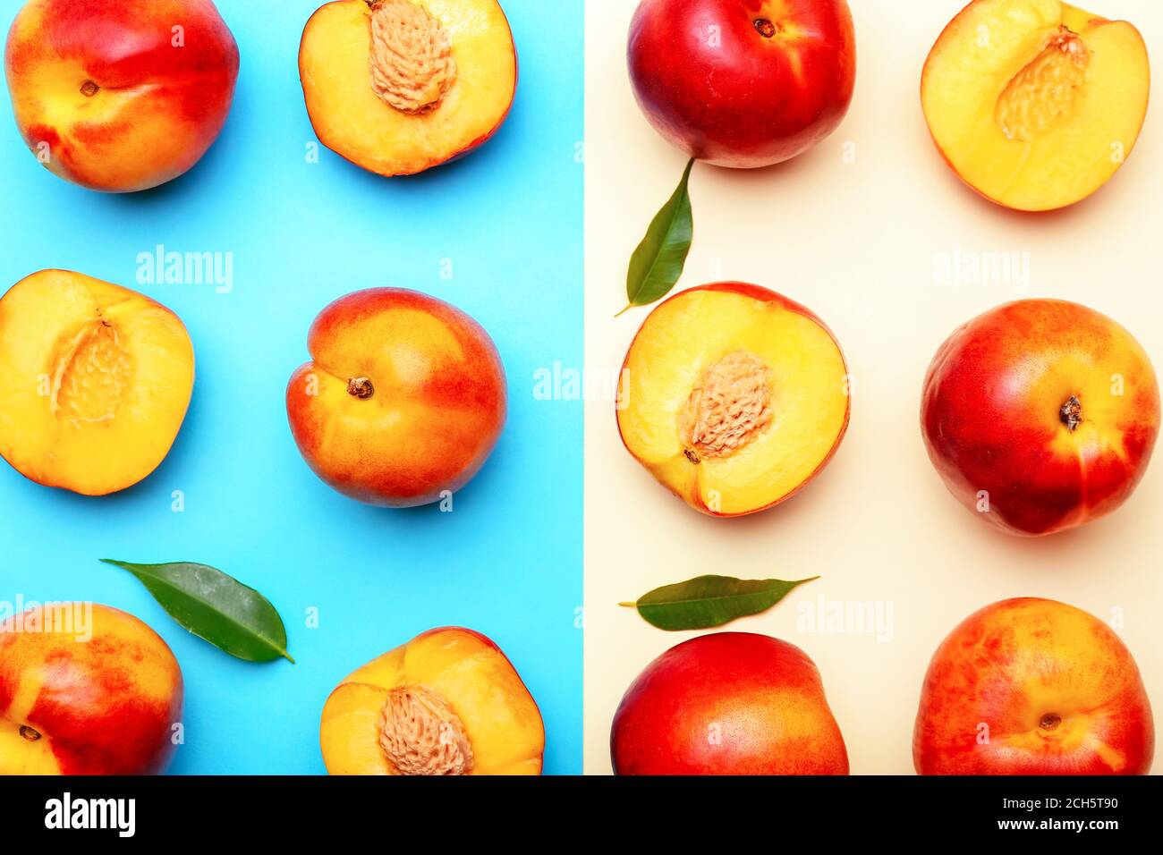 Sweet ripe nectarines on color background Stock Photo - Alamy