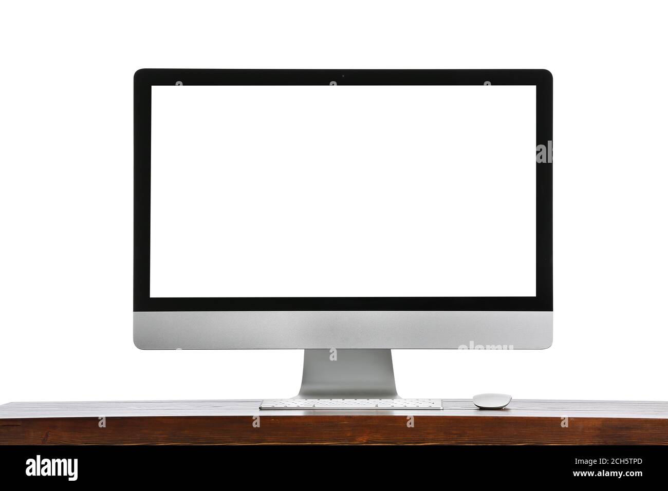 Modern PC monitor on table against white background Stock Photo - Alamy