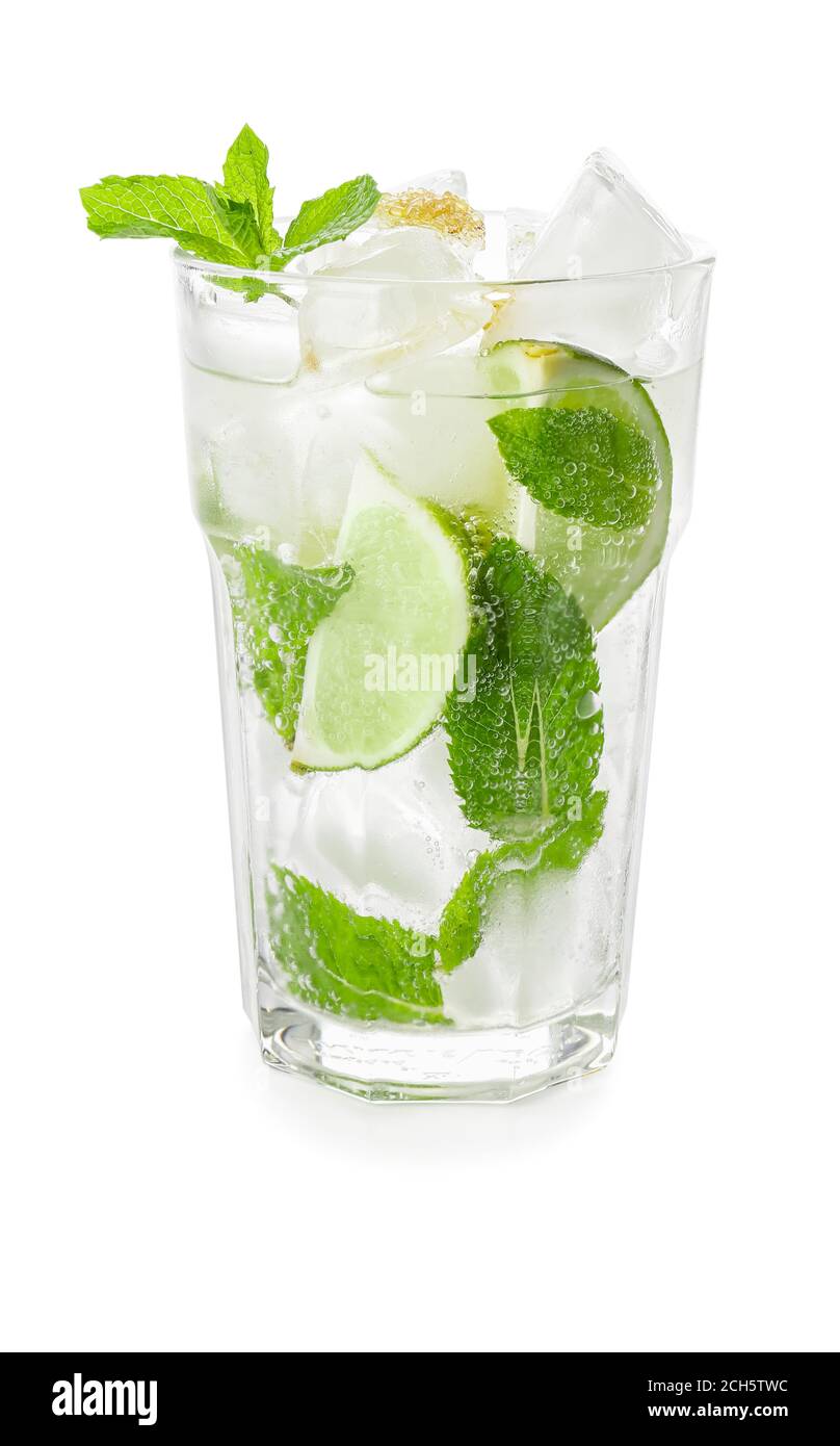 Glass of fresh mojito on white background Stock Photo - Alamy