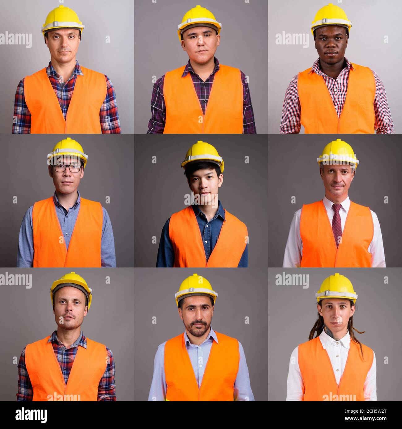 Collage of multi ethnic and mixed age men construction workers Stock ...