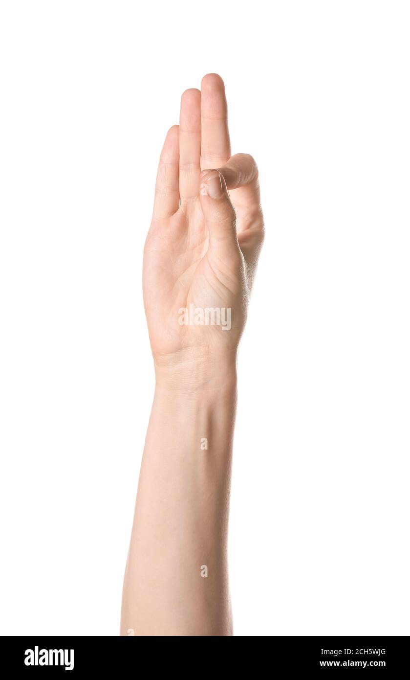 Hand showing letter F on white background. Sign language alphabet Stock ...