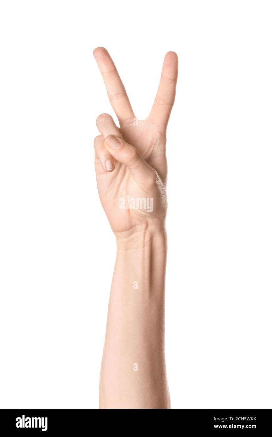 Hand showing letter V on white background. Sign language alphabet Stock ...