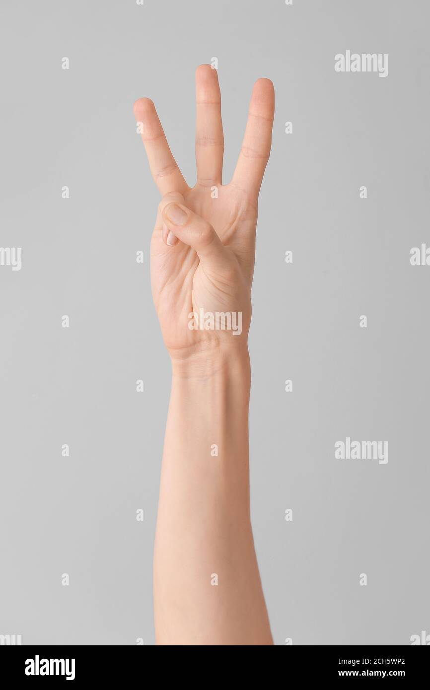 Hand showing letter W on grey background. Sign language alphabet Stock ...