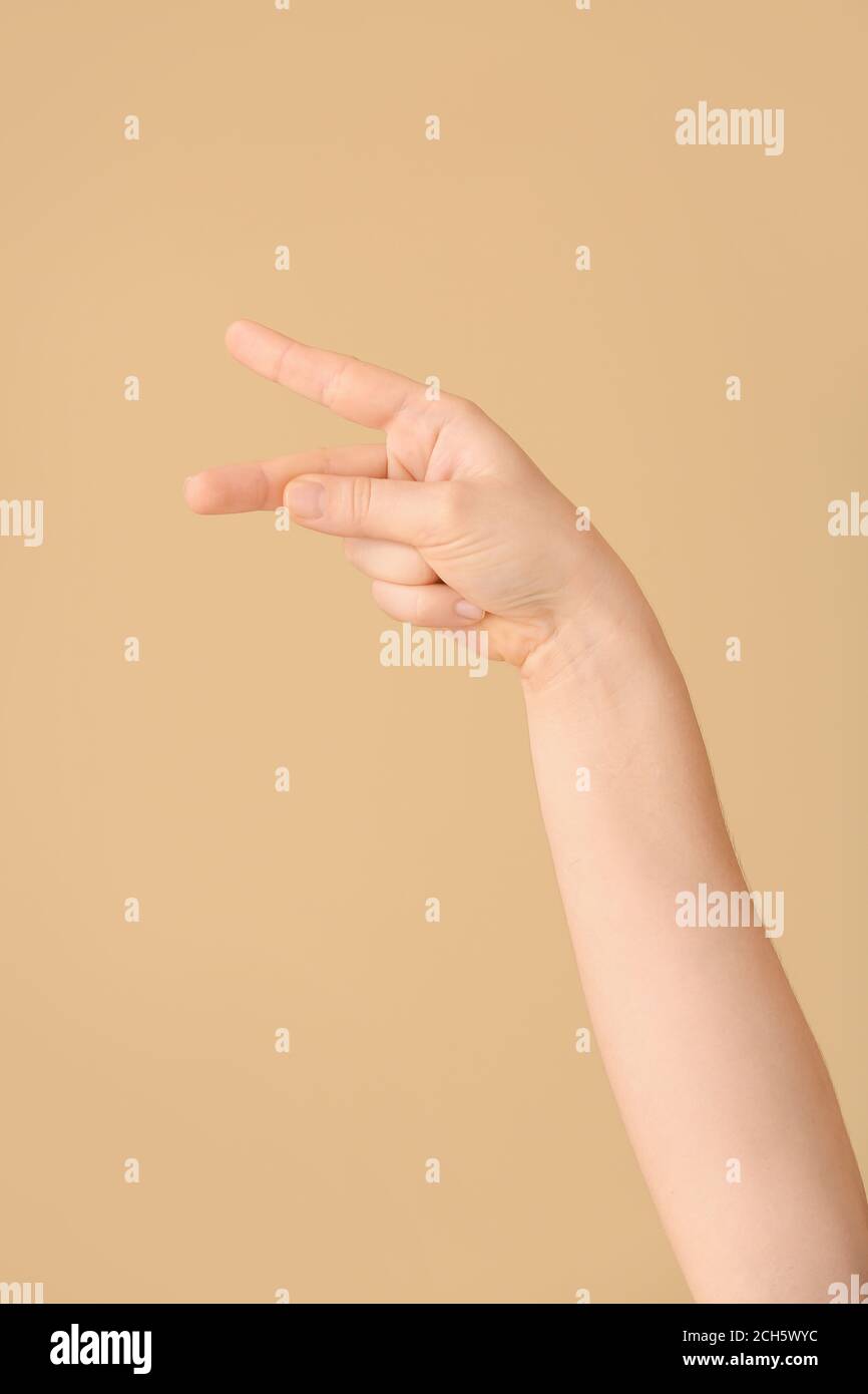 Hand showing letter P on color background. Sign language alphabet Stock ...