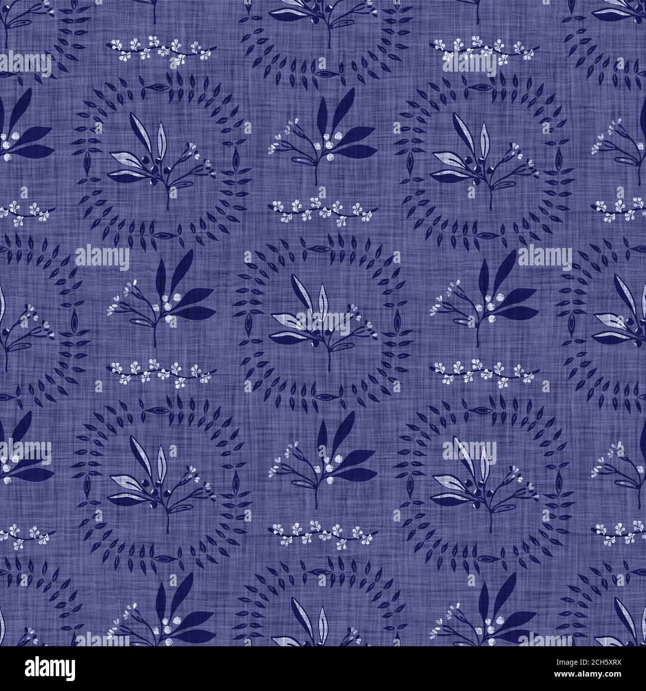 Indigo blue flower block print dyed linen texture background. Seamless ...