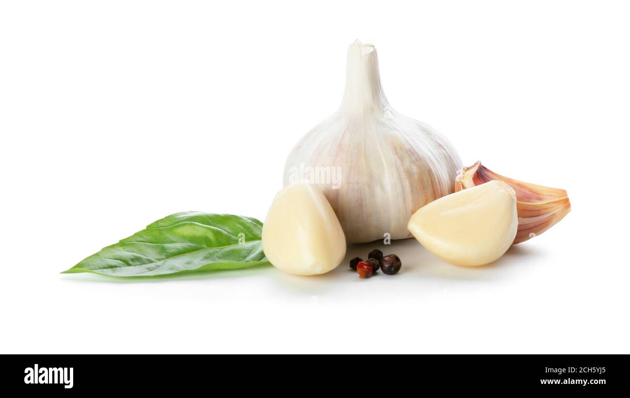 Fresh garlic on white background Stock Photo - Alamy